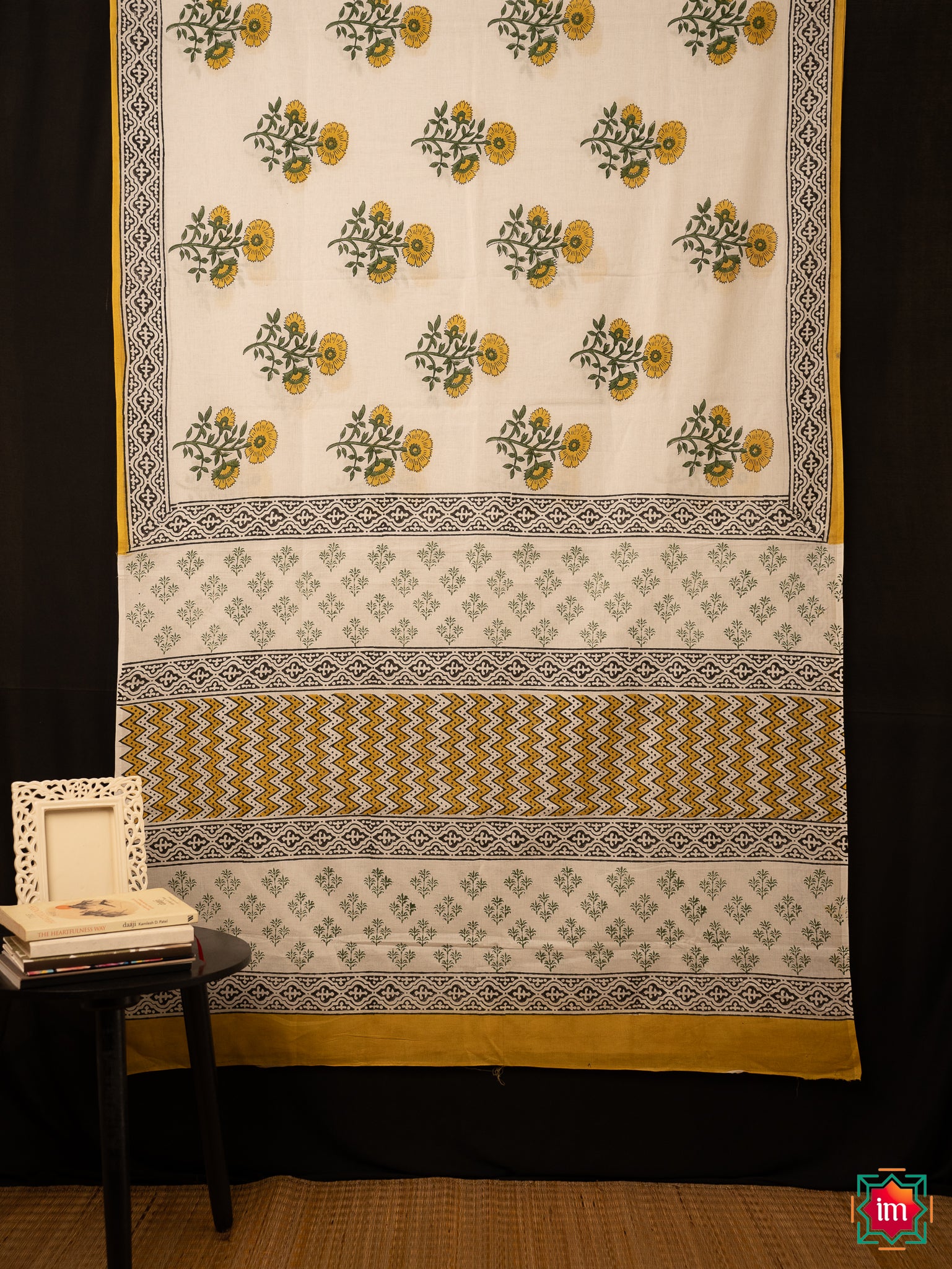 White Mul Bagru Floral Handblock Printed Saree Marigold Magic – THE ...