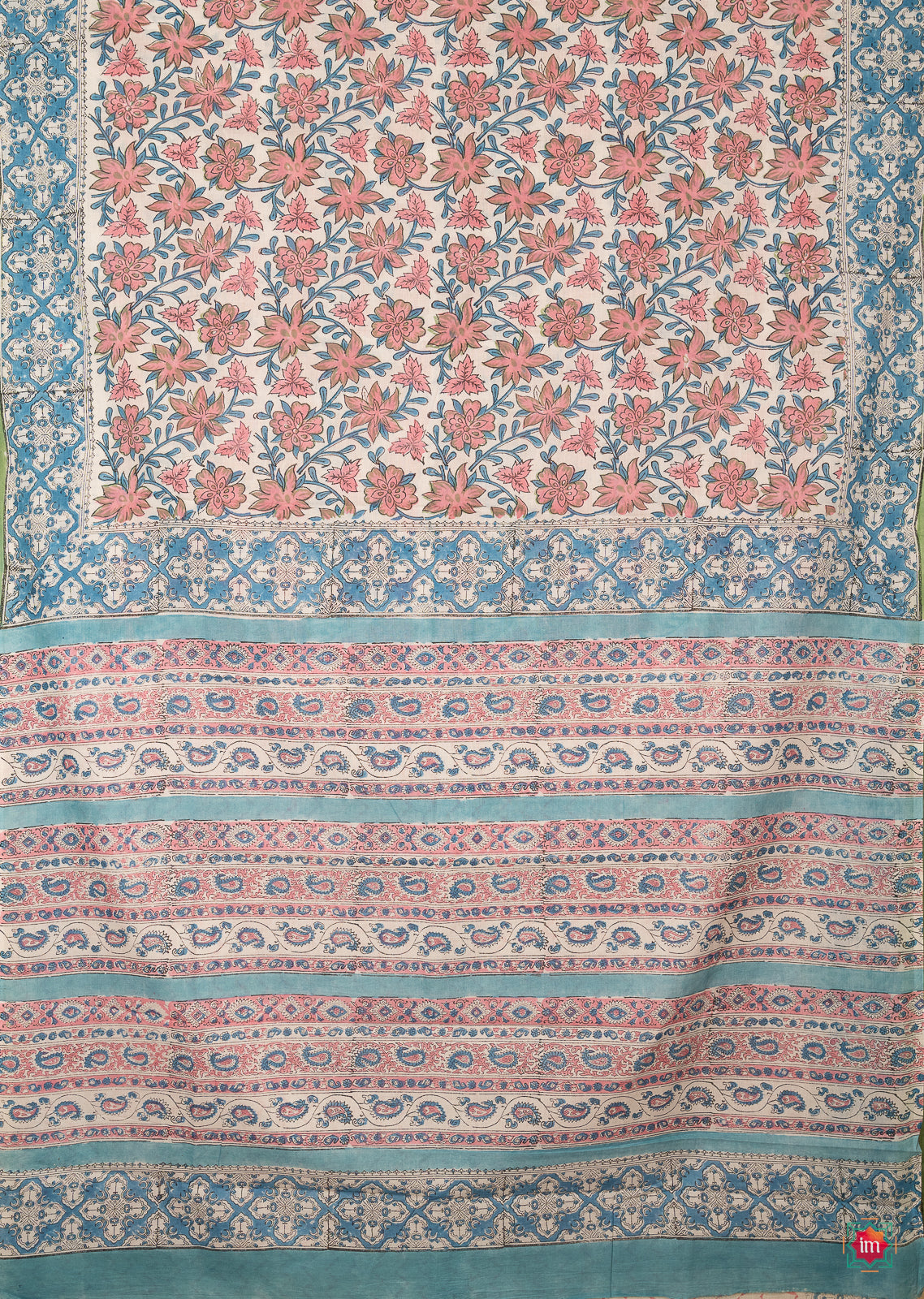 White Pink Floral Bagru Handblock Printed Mul Cotton Saree Bhawra – THE ...