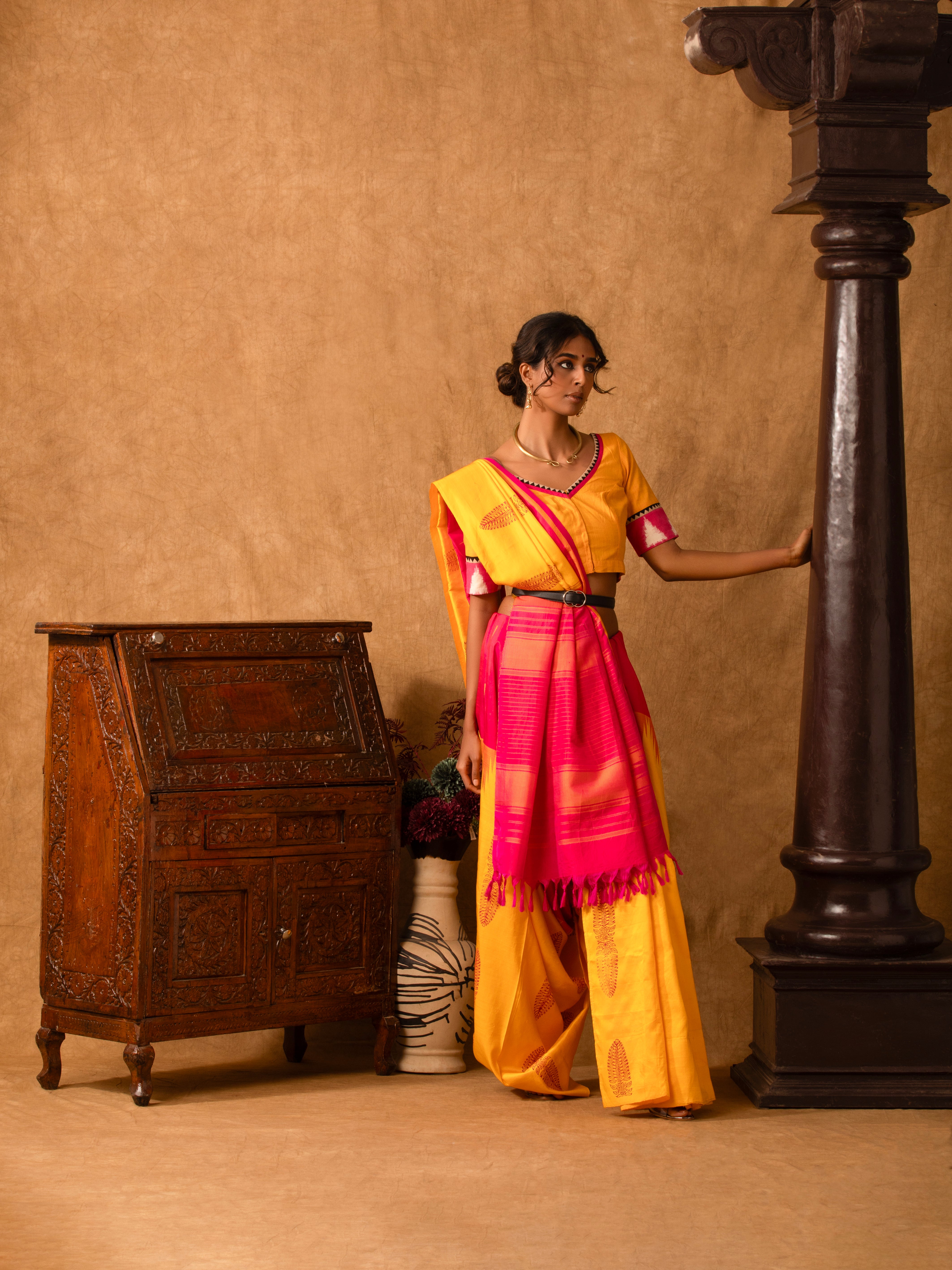 Yellow Pink Kanjivaram Silk Jugalbandhi Saree Panjavarnam – THE INDIAN ...